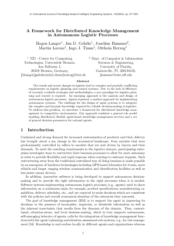 (PDF) A framework for distributed knowledge management in autonomous logistic processes