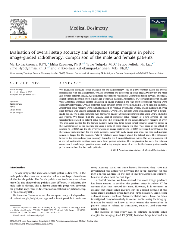 Pdf Evaluation Of Overall Setup Accuracy And Adequate Setup Margins In Pelvic Image Guided