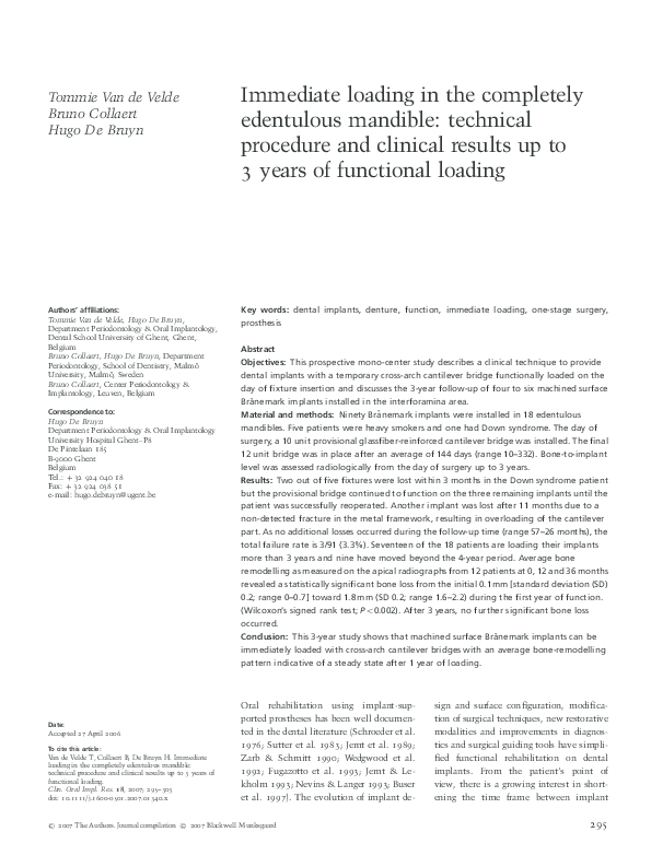 (PDF) Immediate loading in the completely edentulous mandible ...
