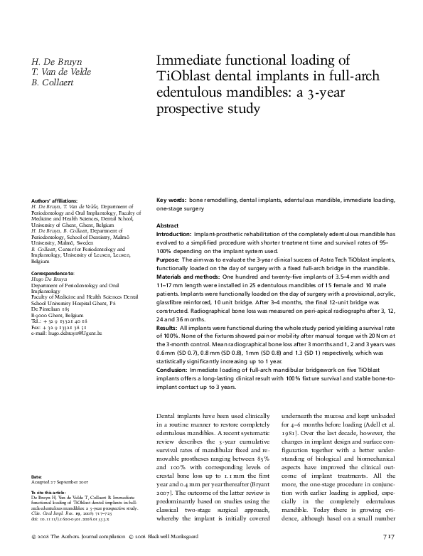 (PDF) Immediate functional loading of TiOblast dental implants in full-arch edentulous mandibles ...
