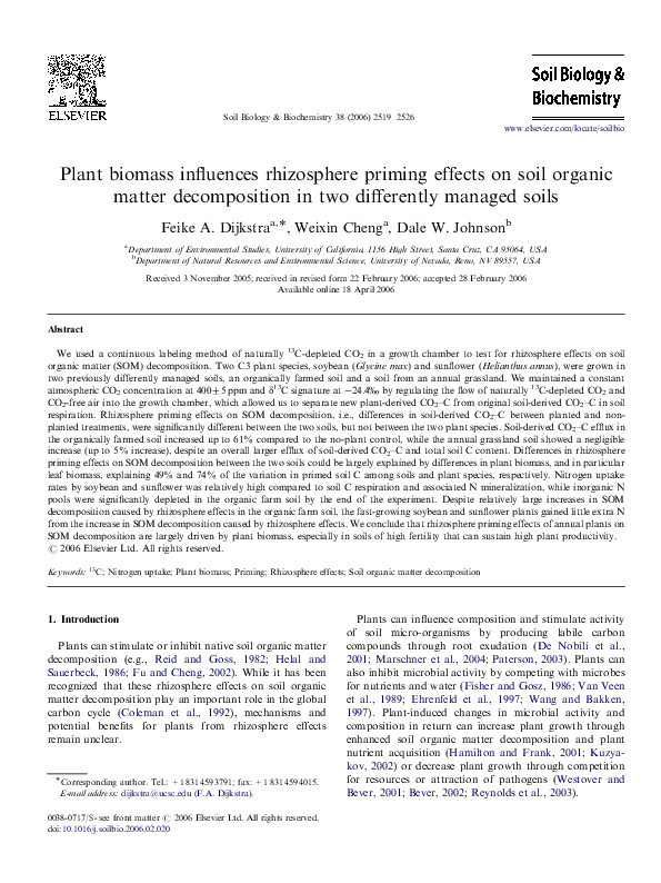 (PDF) Plant biomass influences rhizosphere priming effects on soil organic matter decomposition ...