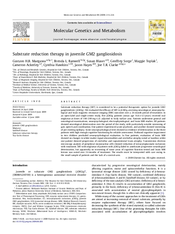 (PDF) Substrate reduction therapy in juvenile GM2 gangliosidosis