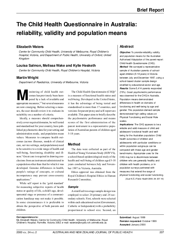 (PDF) The Child Health Questionnaire in Australia: reliability ...