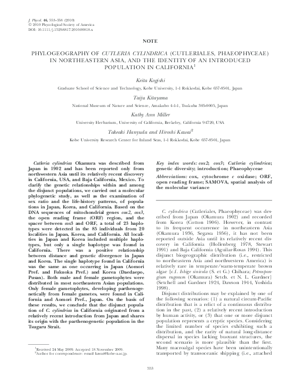 (PDF) PHYLOGEOGRAPHY OF CUTLERIA CYLINDRICA (CUTLERIALES, PHAEOPHYCEAE ...