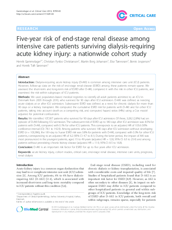 (PDF) End-stage renal disease and outcome in a surgical intensive care ...