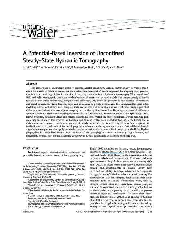Pdf Combined Hydraulic Tomography Self Potential Electrical Resistivity Tomography For