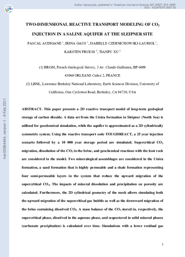 (PDF) Two-dimensional reactive transport modeling of CO2 injection in a ...