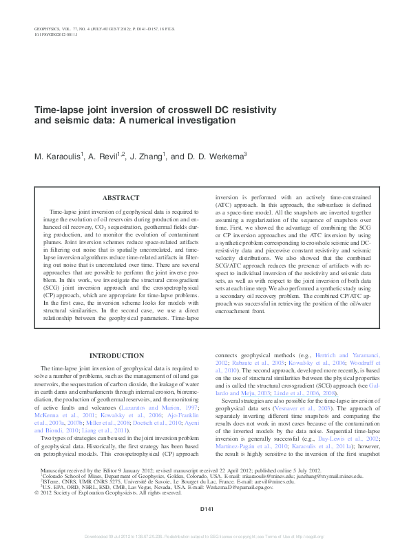 (PDF) Time-lapse joint inversion of crosswell DC resistivity and seismic data: A numerical ...