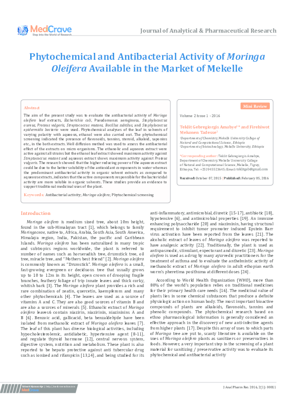 (PDF) Phytochemical and Antibacterial Activity of Moringa Oleifera Available in the Market of ...