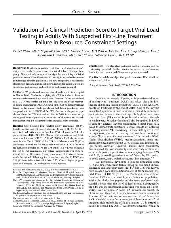 (PDF) Validation of a Clinical Prediction Score to Target Viral Load ...
