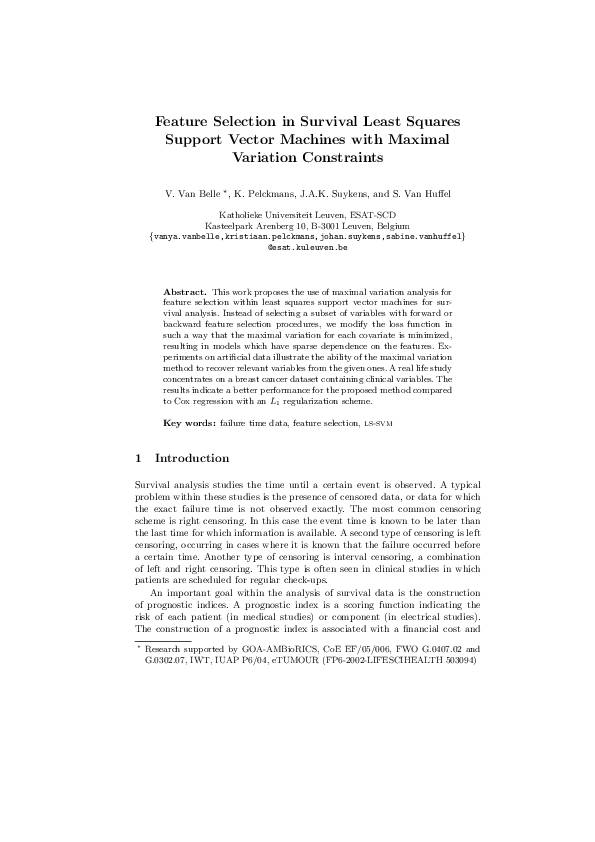 Pdf Feature Selection In Survival Least Squares Support Vector Machines With Maximal Variation