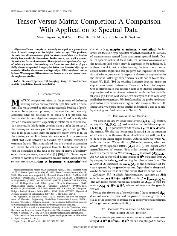 (PDF) Tensor Versus Matrix Completion: A Comparison With Application to Spectral Data
