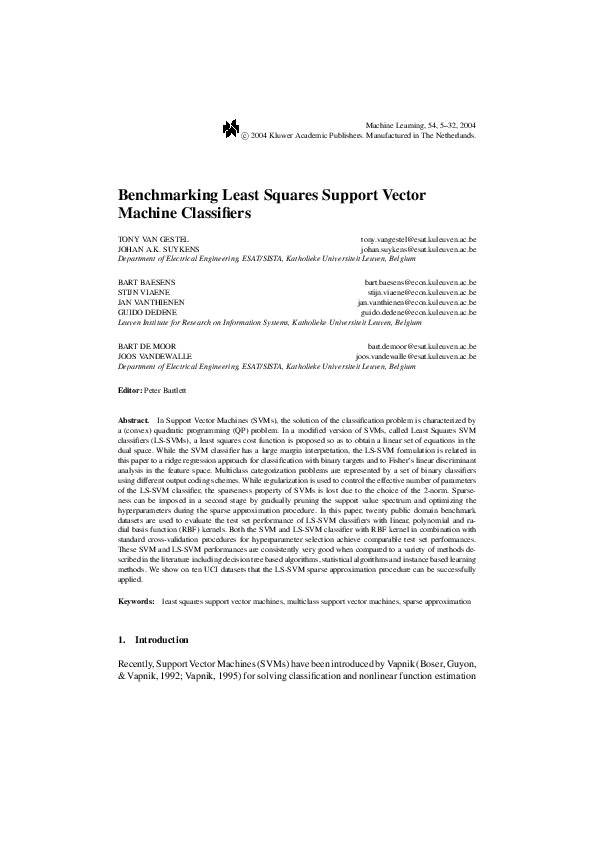 (PDF) Benchmarking Least Squares Support Vector Machine Classifiers
