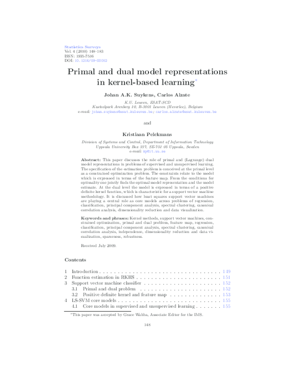 Pdf Primal And Dual Model Representations In Kernel Based Learning