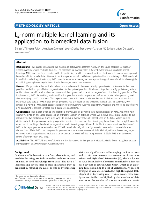 Pdf L2 Norm Multiple Kernel Learning And Its Application To