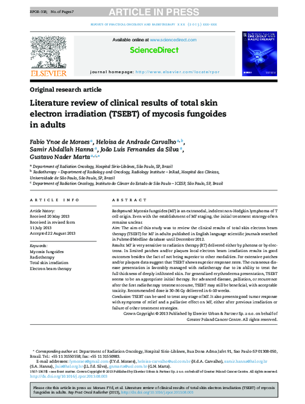 (PDF) Literature review of clinical results of total skin electron ...