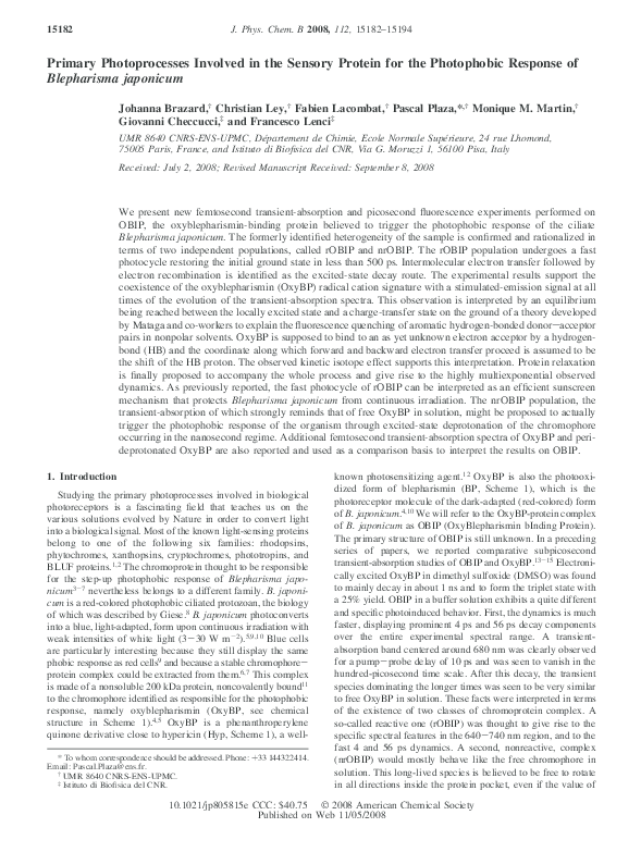 (PDF) Primary Photoprocesses Involved in the Sensory Protein for the ...