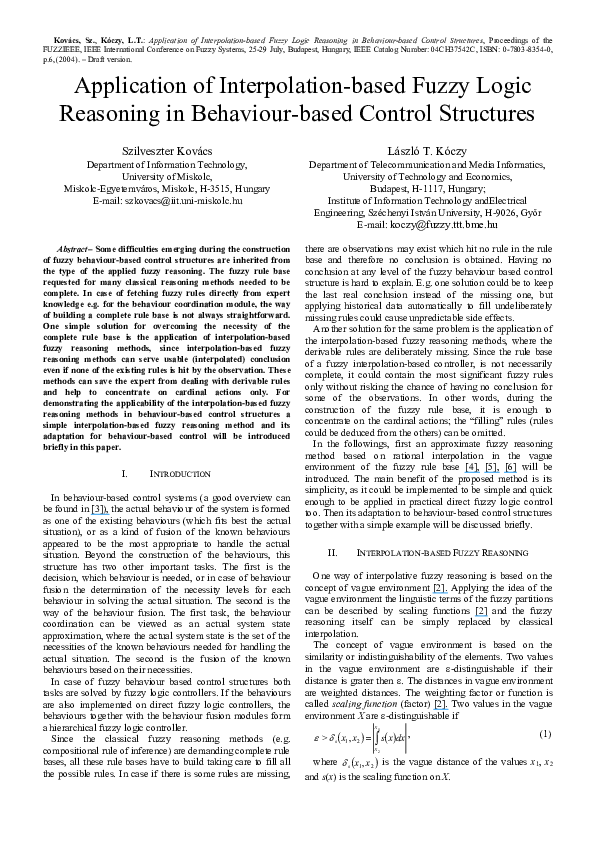(PDF) Application of interpolation-based fuzzy logic reasoning in behaviour-based control structures