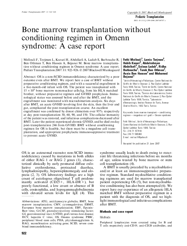 (PDF) Bone marrow transplantation without conditioning regimen in Omenn ...