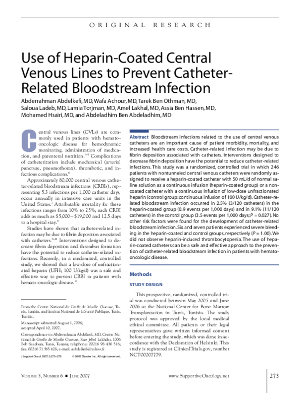 (PDF) Use of heparin-coated central venous lines to prevent catheter ...