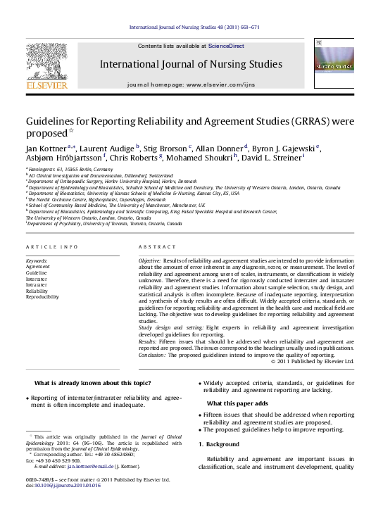 (PDF) Guidelines for Reporting Reliability and Agreement Studies (GRRAS ...