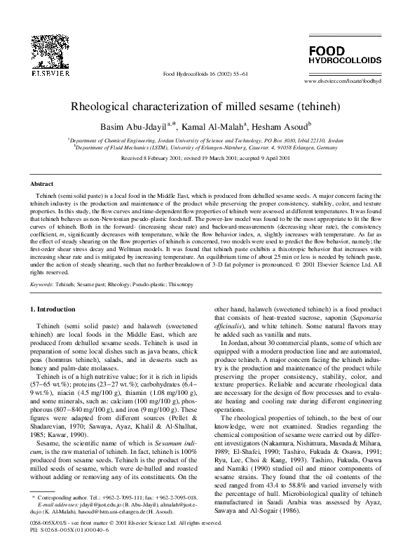 (PDF) Rheological characterization of milled sesame (tehineh)