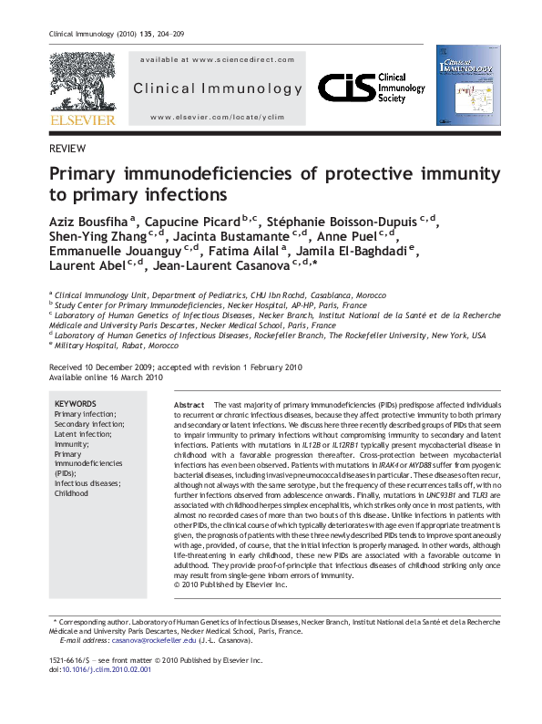(PDF) Primary immunodeficiencies of protective immunity to primary infections
