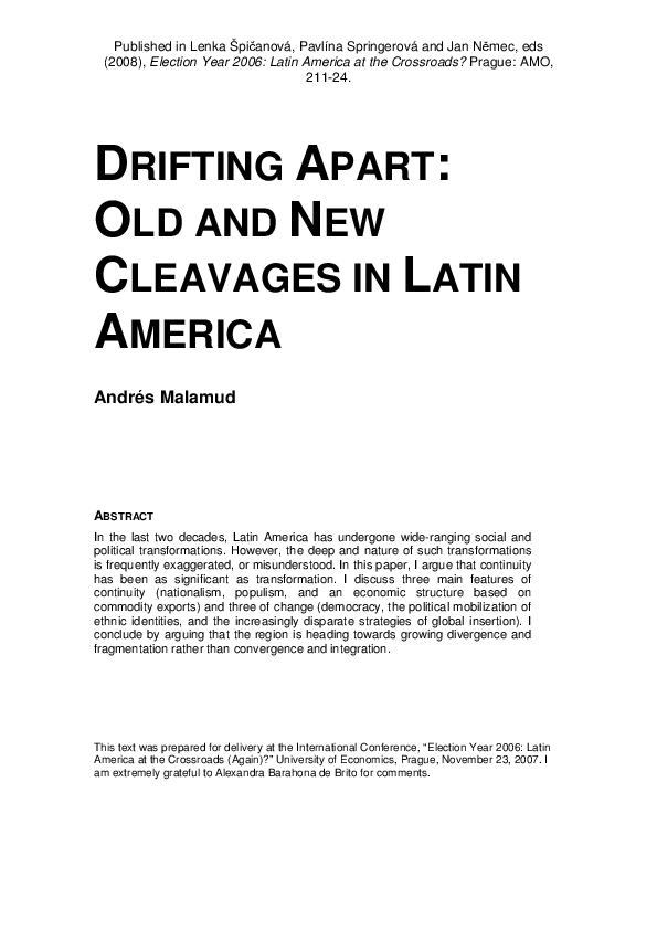 (PDF) Drifting Apart: Old and New Cleavages in Latin America
