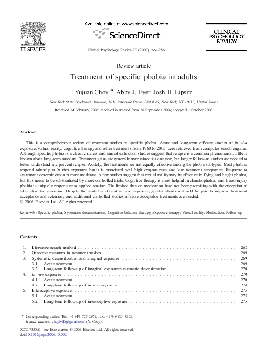 (PDF) Treatment of specific phobia in adults