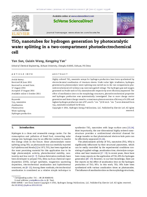 (PDF) TiO2 nanotubes for hydrogen generation by photocatalytic water ...