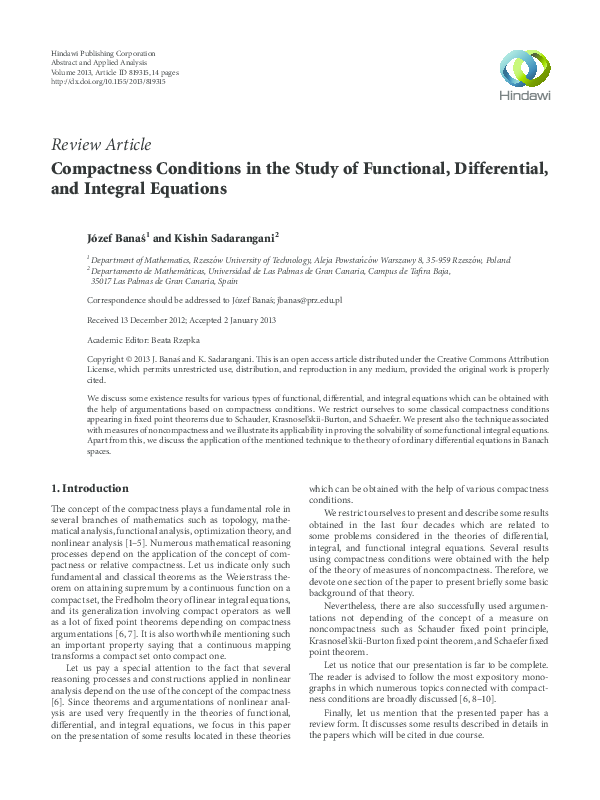 (PDF) Compactness Conditions in the Study of Functional, Differential, and Integral Equations