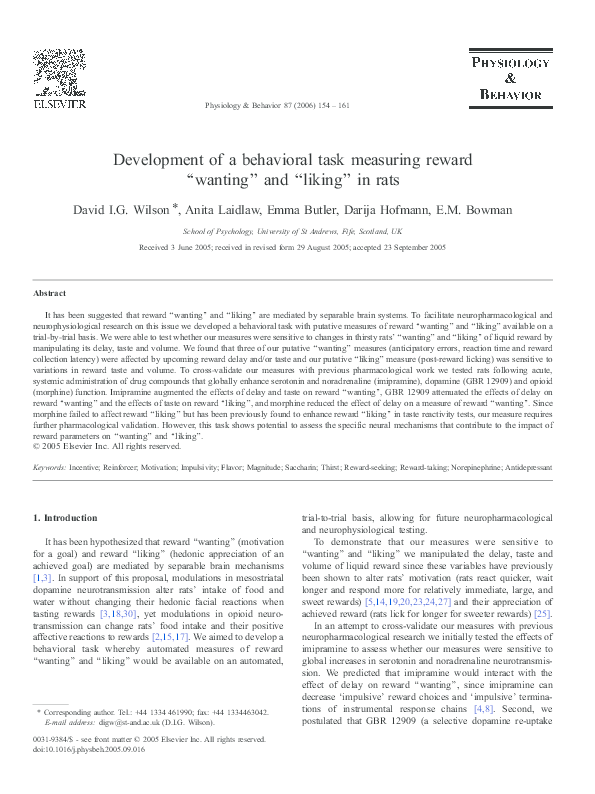 (PDF) Development of a behavioral task measuring reward “wanting” and ...