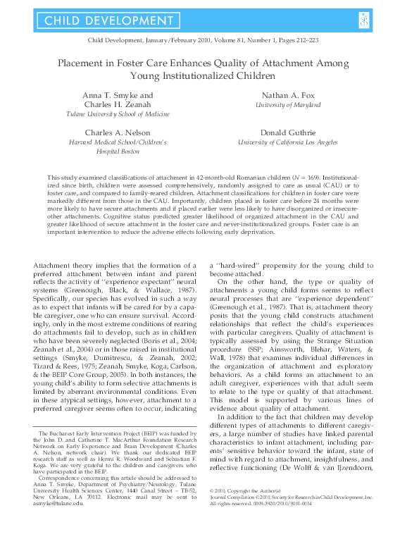 (PDF) Placement in Foster Care Enhances Quality of Attachment Among ...