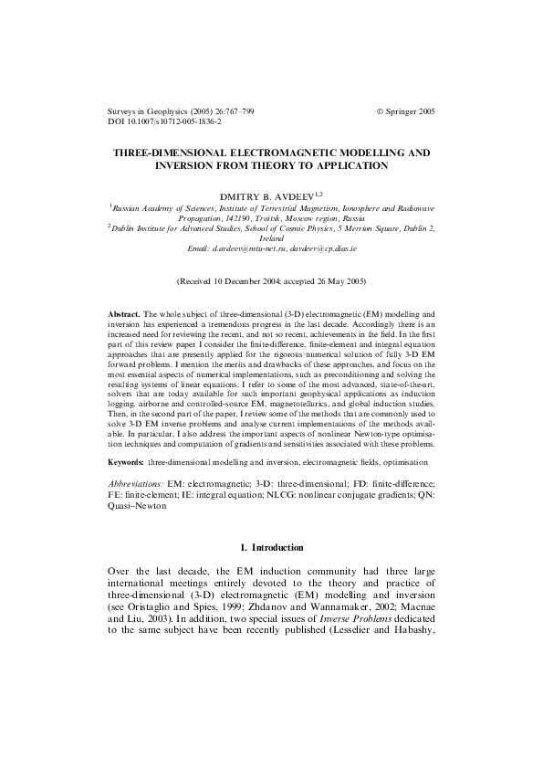 (PDF) Three-Dimensional Electromagnetic Modelling and Inversion from Theory to Application