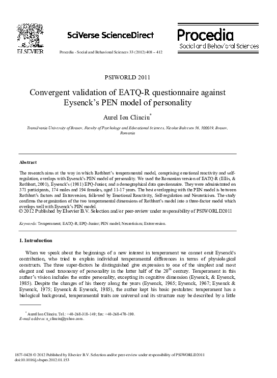 (PDF) Convergent validation of EATQ-R questionnaire against Eysenck's ...