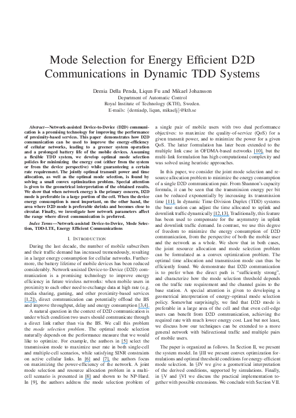 (PDF) Mode selection for energy-efficient D2D communications in LTE-advanced networks: A ...