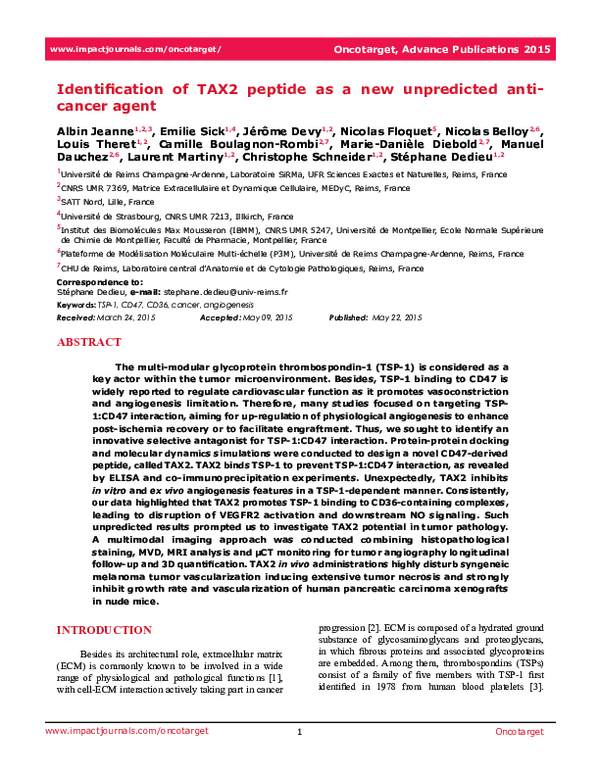 (PDF) Identification of TAX2 peptide as a new unpredicted anti-cancer agent