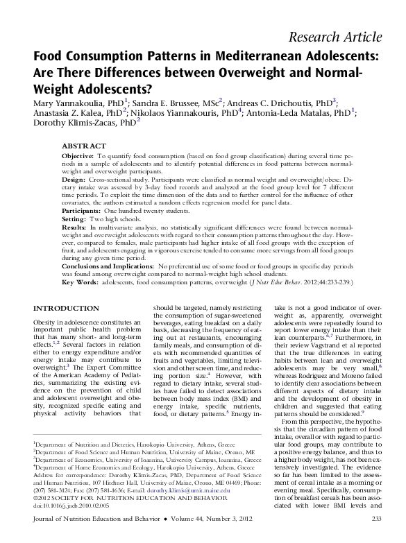 (PDF) Food Consumption Patterns in Mediterranean Adolescents: Are There ...