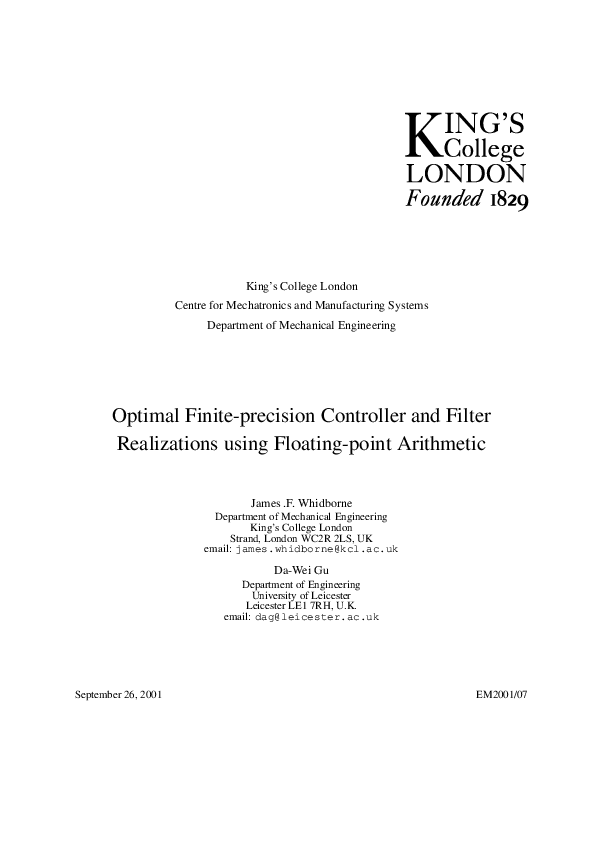 Pdf Optimal Controller And Filter Realizations Using Finite Precision Floating Point Arithmetic