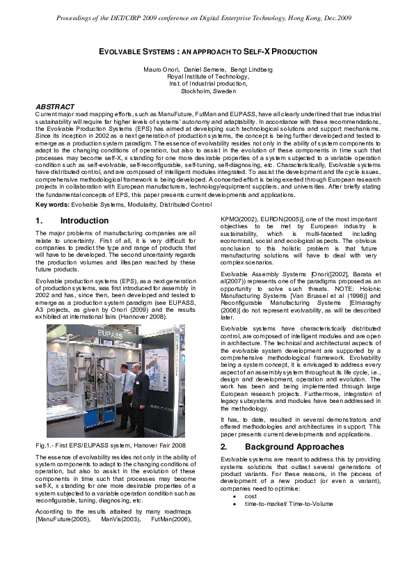 (PDF) Evolvable systems: an approach to self-X production | Mauro Onori - Academia.edu