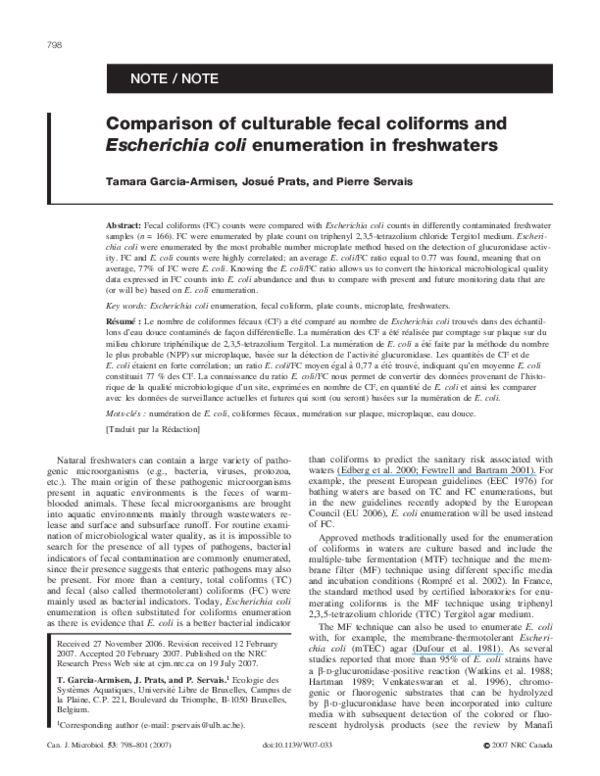 (PDF) Comparison of culturable fecal coliforms and Escherichia coli enumeration in freshwaters