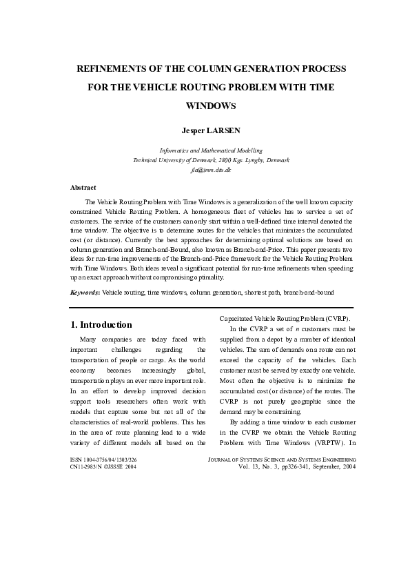 (PDF) Refinements of the column generation process for the Vehicle Routing Problem with Time ...