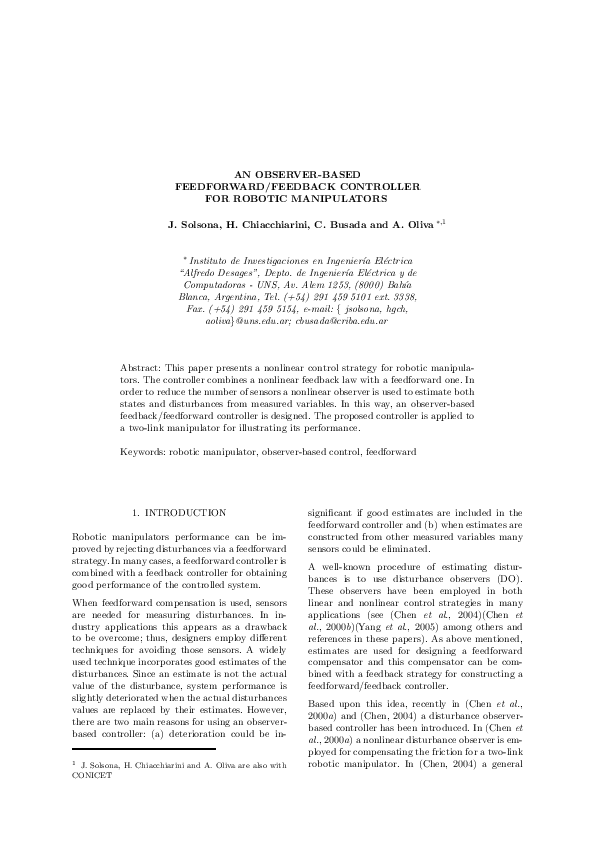 (PDF) AN OBSERVER-BASED FEEDFORWARD/FEEDBACK CONTROLLER FOR ROBOTIC MANIPULATORS