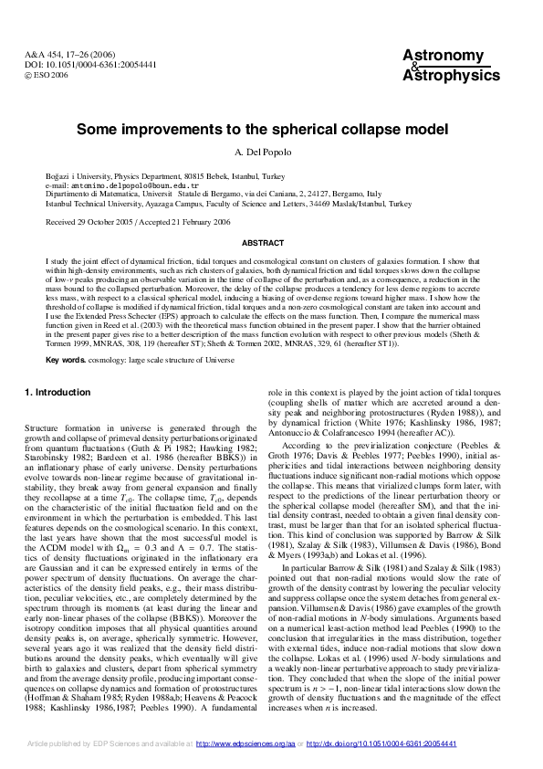 (PDF) Astrophysics Some improvements to the spherical collapse model ...