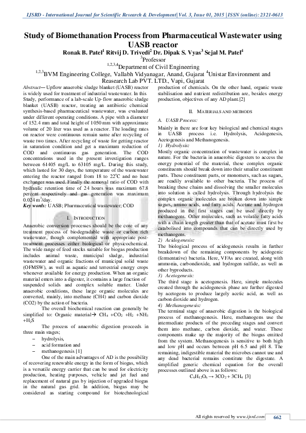 (PDF) Study of Biomethanation Process from Pharmaceutical Wastewater using UASB reactor