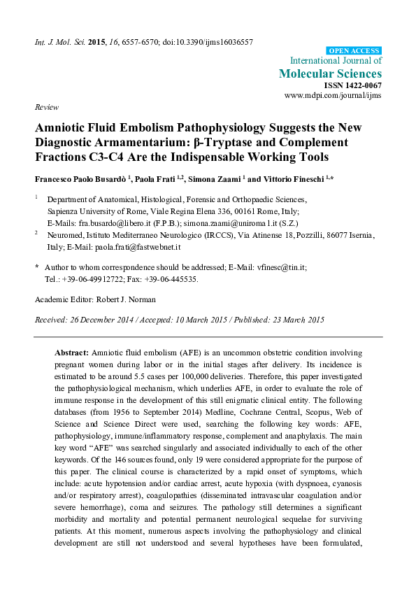 (PDF) Amniotic Fluid Embolism Pathophysiology Suggests the New ...