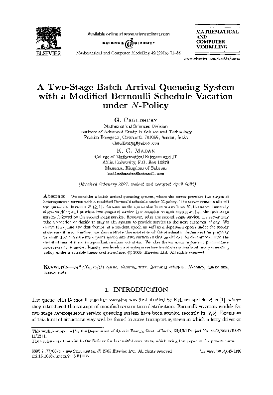 Pdf A Two Stage Batch Arrival Queueing System With A Modified Bernoulli Schedule Vacation