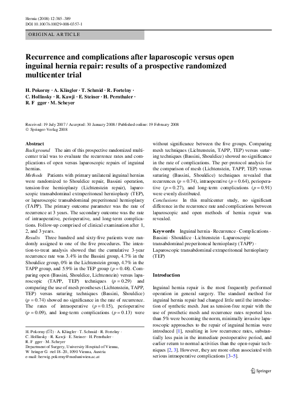 (PDF) Recurrence and complications after laparoscopic versus open inguinal hernia repair ...