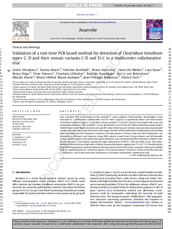 Pdf Validation Of A Real Time Pcr Based Method For Detection Of Clostridium Botulinum Types C