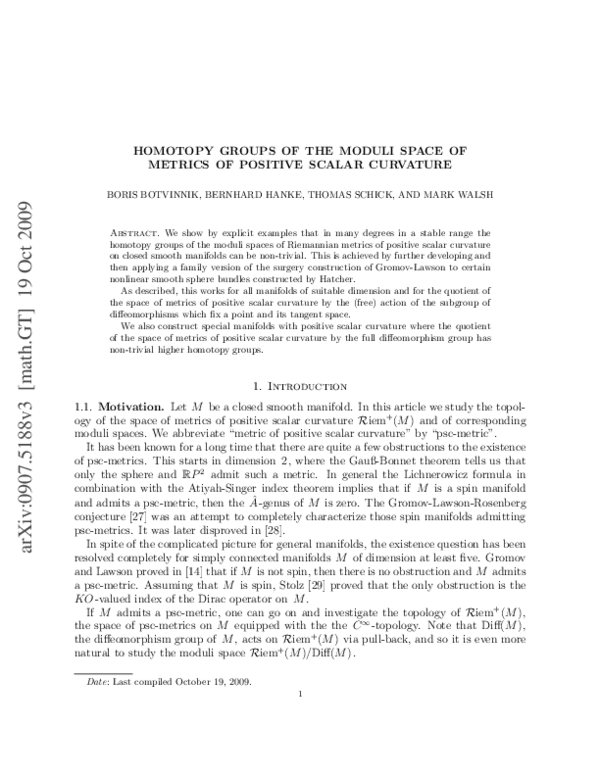 Pdf Homotopy Groups Of The Moduli Space Of Metrics Of Positive Scalar